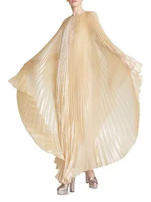 Halston Liza Pleated Metallic Caftan Gown - Champagne