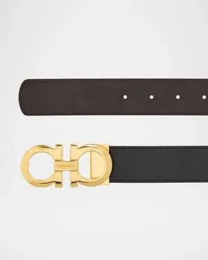 FERRAGAMO Reversible Double Gancini Leather Belt - Black
