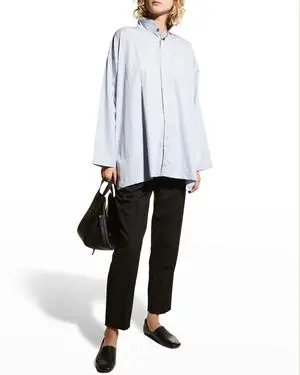 Eskandar Slim A-line Double Stand Collar Shirt With Stepped Insert (long Length) Pearlgrey
