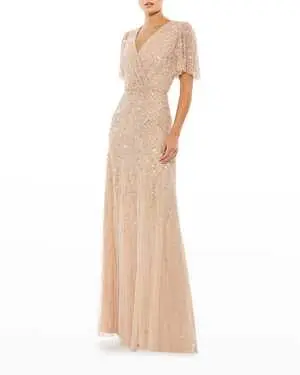 Mac Duggal Flutter-sleeve Beaded Sheath Gown - Nude