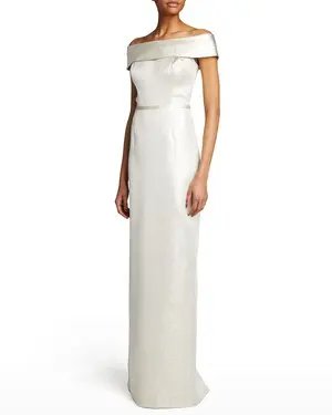 Rickie Freeman For Teri Jon Cuffed Off-the-shoulder Metallic Column Gown Light Gold