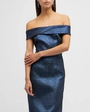 Rickie Freeman For Teri Jon Cuffed Off-the-shoulder Metallic Column Gown - Sapphire