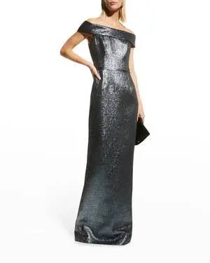 Rickie Freeman For Teri Jon Cuffed Off-the-shoulder Metallic Column Gown Slate