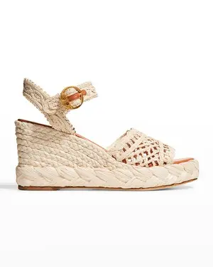 Tory Burch Woven Raffia Wedge Sandals - Natural