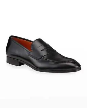 Santoni Men's Leather Penny Loafers, Black Black