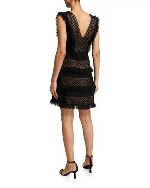 Tadashi Shoji Deep V-neck Tiered Ruffle Lace Dress