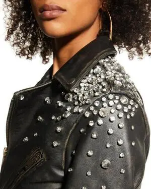 GOLDEN GOOSE Distressed Leather Jacket With Crystals - Black