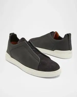 Zegna Triple Stitch Leather And Suede Sneakers - Navy