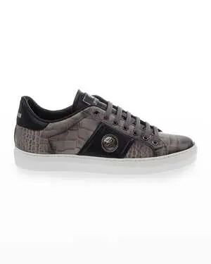 Roberto Cavalli Men's Moc-croc Logo Low-top Sneakers - Grey