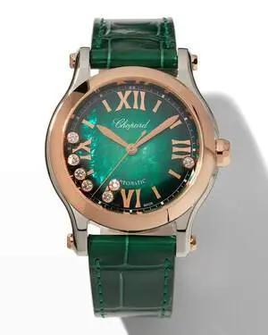 Chopard Happy Sport 36mm 18k Rose Gold Diamond & Green Dial Watch - One-color