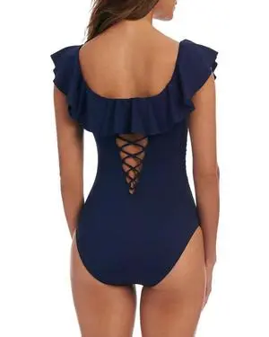 La Blanca Off-the-shoulder Ruffle Lace-up One-piece Swimsuit - Black