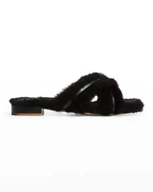 MALONE SOULIERS Gavi Shearling Crisscross Flat Sandals - Black