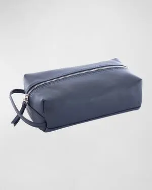 ROYCE NEW YORK Monogrammed Compact Leather Toiletry Bag Navy Blue