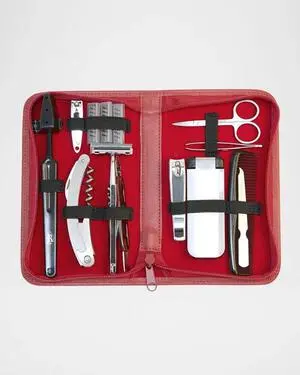 ROYCE NEW YORK Monogrammed Leather Travel Grooming Toiletry Kit, Personalized Red