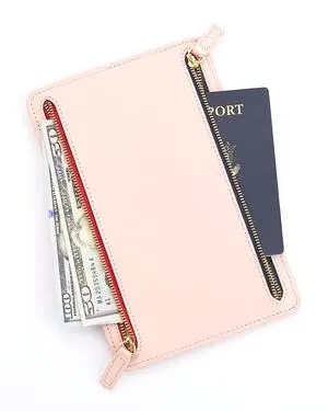 ROYCE NEW YORK Monogrammed Leather Rfid Blocking Foup Zip Travel Organizer Blush Pink