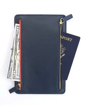 ROYCE NEW YORK Monogrammed Leather Rfid Blocking Foup Zip Travel Organizer Navy Blue