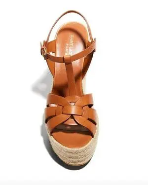 Saint Laurent Calfskin T-strap Espadrille Platform Sandals - Camel
