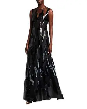 Akris Patent Leather Strip Sheer A-line Dress - Black