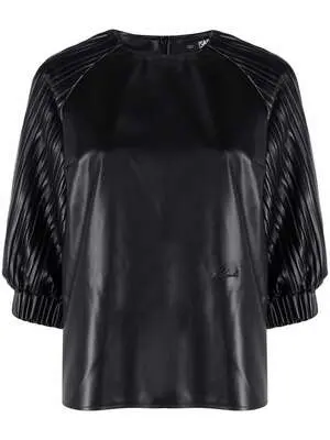 Karl Lagerfeld Vegan Leather Pleated-sleeve Top - Black