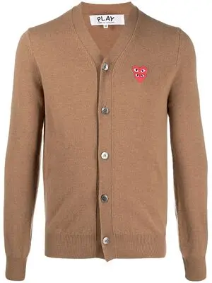 Play Comme Des Garcon Embroidered Logo-patch Cardigan - Brown