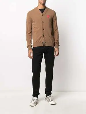 Play Comme Des Garcon Embroidered Logo-patch Cardigan - Brown