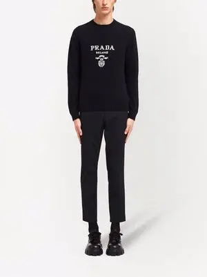 Prada Wool And Cashmere Crew Neck Sweater With Embroidered Logo