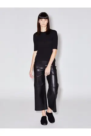 Rosetta Getty Pull On Cropped Straight Leather Pant - Black / White
