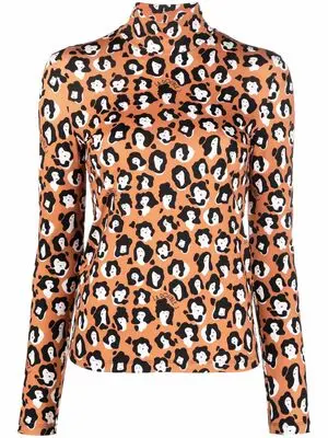 La DoubleJ Face-animal Print Turtleneck Top - Orange