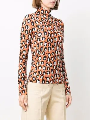 La DoubleJ Face-animal Print Turtleneck Top - Orange