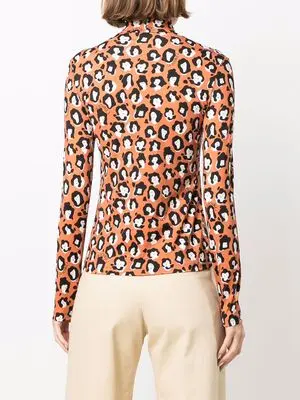 La DoubleJ Face-animal Print Turtleneck Top - Orange