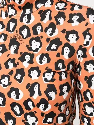 La DoubleJ Face-animal Print Turtleneck Top - Orange