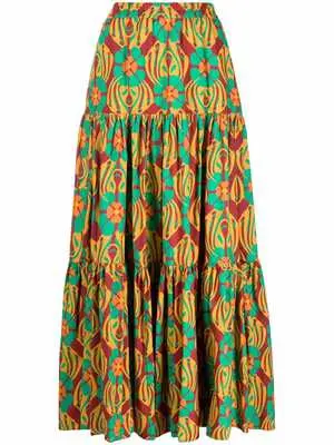 La DoubleJ Graphic Print Tiered Maxi Skirt - Green