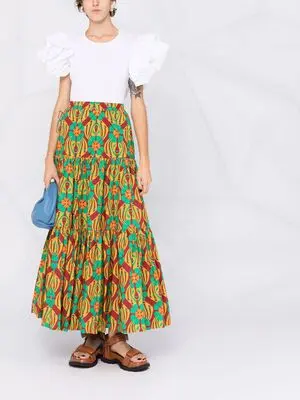 La DoubleJ Graphic Print Tiered Maxi Skirt - Green