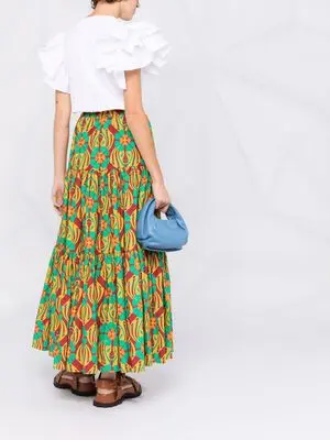 La DoubleJ Graphic Print Tiered Maxi Skirt - Green