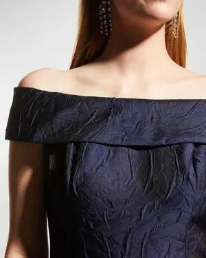 Rickie Freeman For Teri Jon Jacquard Off-the-shoulder Gown - Navy