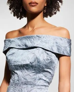 Rickie Freeman For Teri Jon Jacquard Off-the-shoulder Gown - Slate