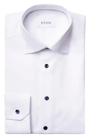 Eton Slim Fit Cotton Twill Dress Shirt - White/ Navy