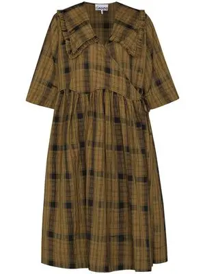 GANNI Peter Pan Collar Checked Midi Dress
