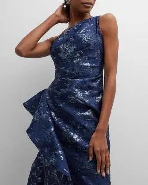 Rickie Freeman For Teri Jon Metallic Jacquard One-shoulder Gown - Navy