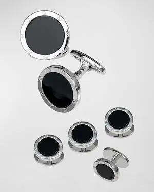 JAN LESLIE Round Onyx Cuff Link And Stud Set - Black Onyx
