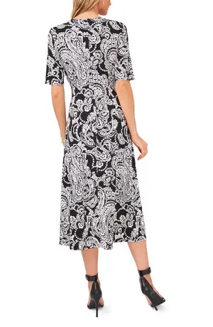 Chaus Paisley Wrap Front Knit Midi Dress - Black/ White