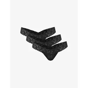 Hanky Panky Signature Low-rise Stretch-lace Thong Pack Of Three - Black
