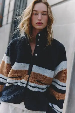 Free People Hit The Slopes Printed Fleece Jacket - Black Nutmeg Stripe