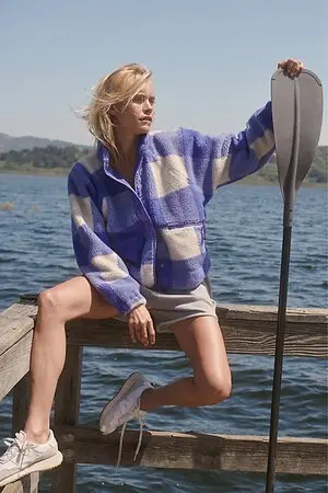 Free People FP Movement Hit The Slopes Printed Fleece Jacket Blue Iris Gingham Combo