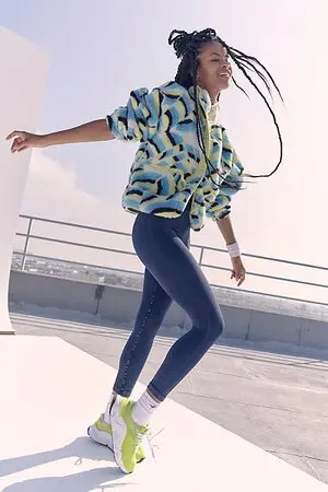 Free People FP Movement Hit The Slopes Printed Fleece Jacket Blue Rainbow Combo
