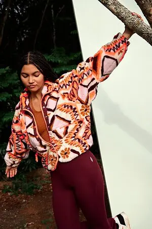 Free People FP Movement Hit The Slopes Printed Fleece Jacket Deco Floral Canvas Combo