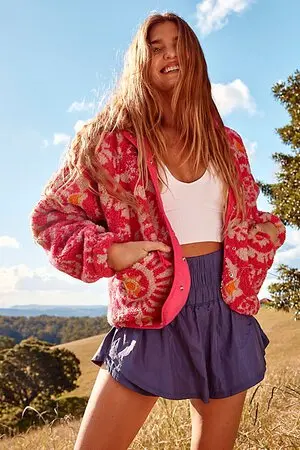 Free People FP Movement Hit The Slopes Printed Fleece Jacket Fuchsia So Bright