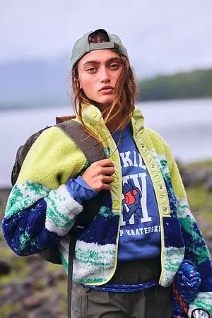 Free People FP Movement Hit The Slopes Printed Fleece Jacket Mountain Scene