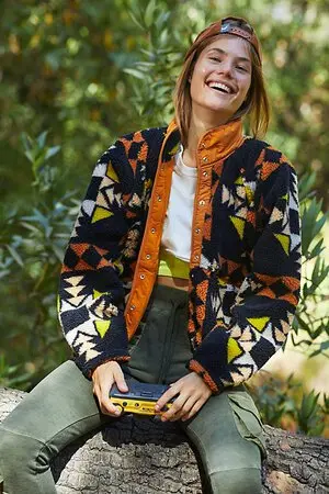 Free People FP Movement Hit The Slopes Printed Fleece Jacket Night Sky Combo
