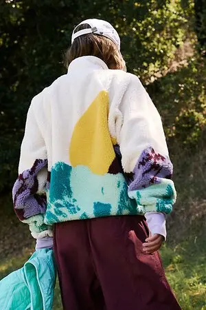Free People FP Movement Hit The Slopes Printed Fleece Jacket Sunrise Summit Ivory Combo
